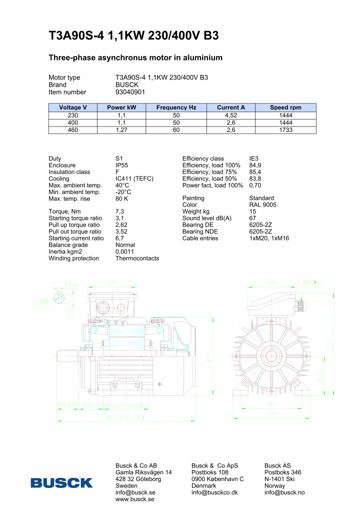 BUSCK MOTOR T3A90S-4 1.1KW 3PHASE - K-Tech Solutions