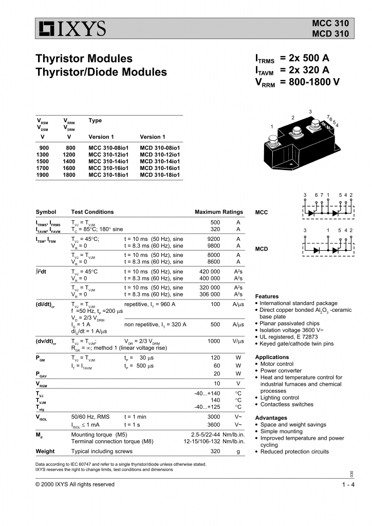 IXYS DUAL THYRISTOR MODULE MCC310-16IO1 - K-Tech Solutions