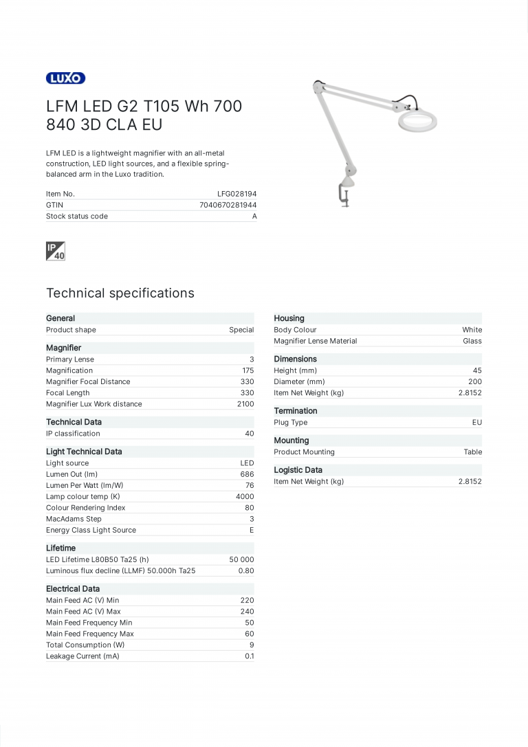LUXO LFM LED G2 T105 Wh 700 840 3D CLA EU - K-Tech Solutions